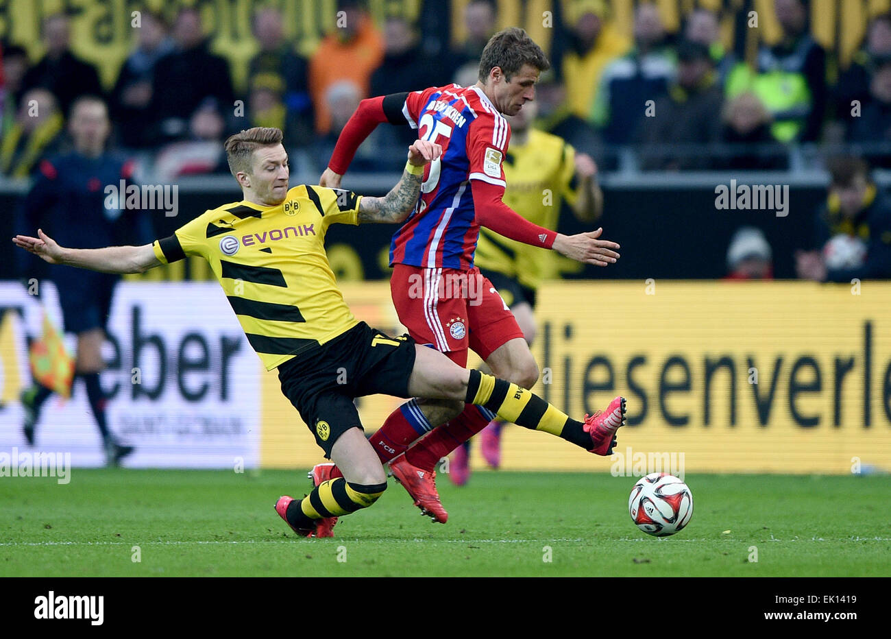 Dortmund, Germany. 4th Apr, 2015. Dortmund's Marco Reus (l) and Munich ...