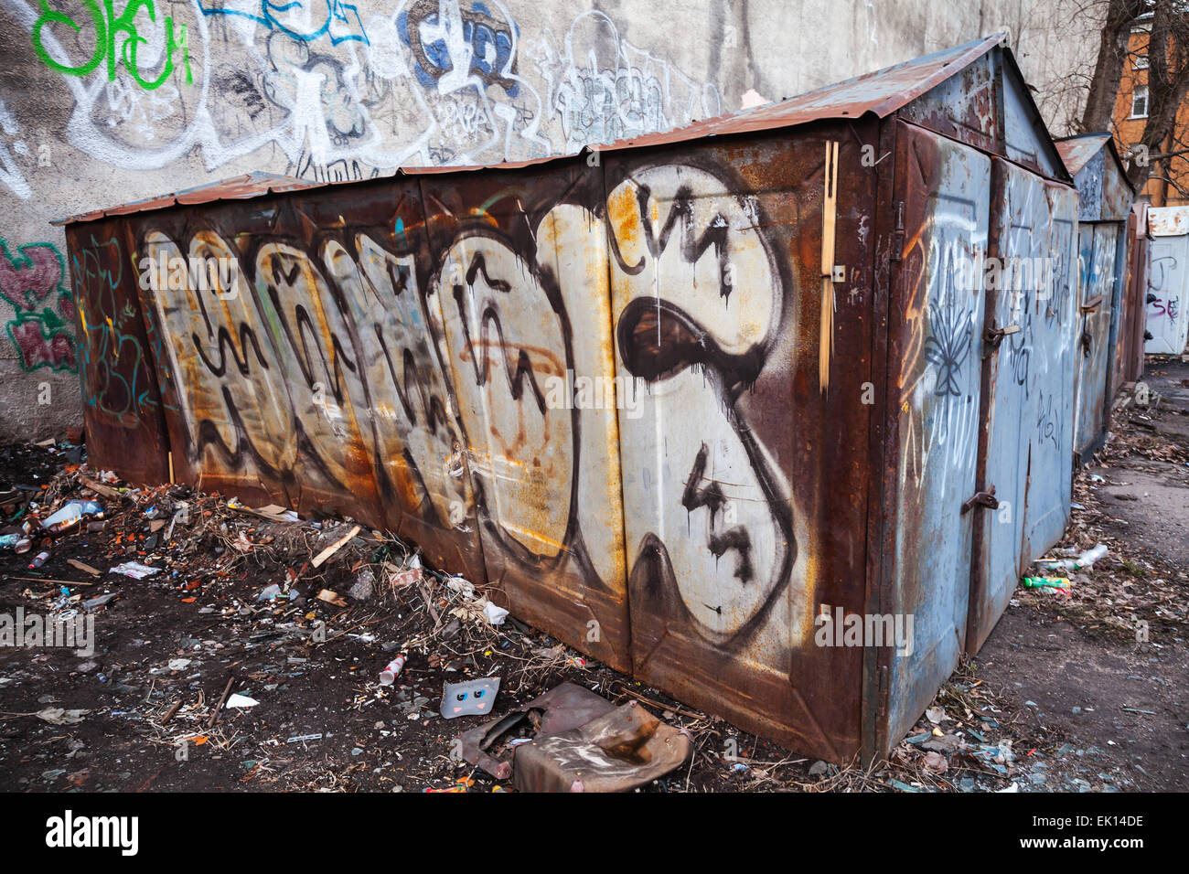 Saint-Petersburg, Russia - April 3, 2015: Old rusted garage with grungy ...