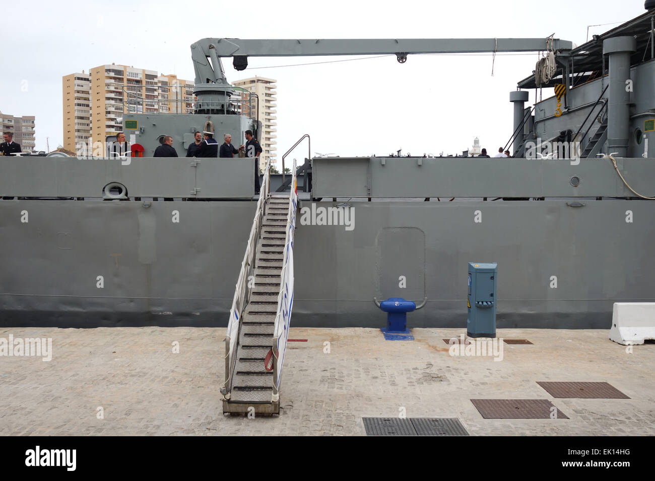 Gangway up to Spanish navy vessel moored in the port of Malaga, Costa ...