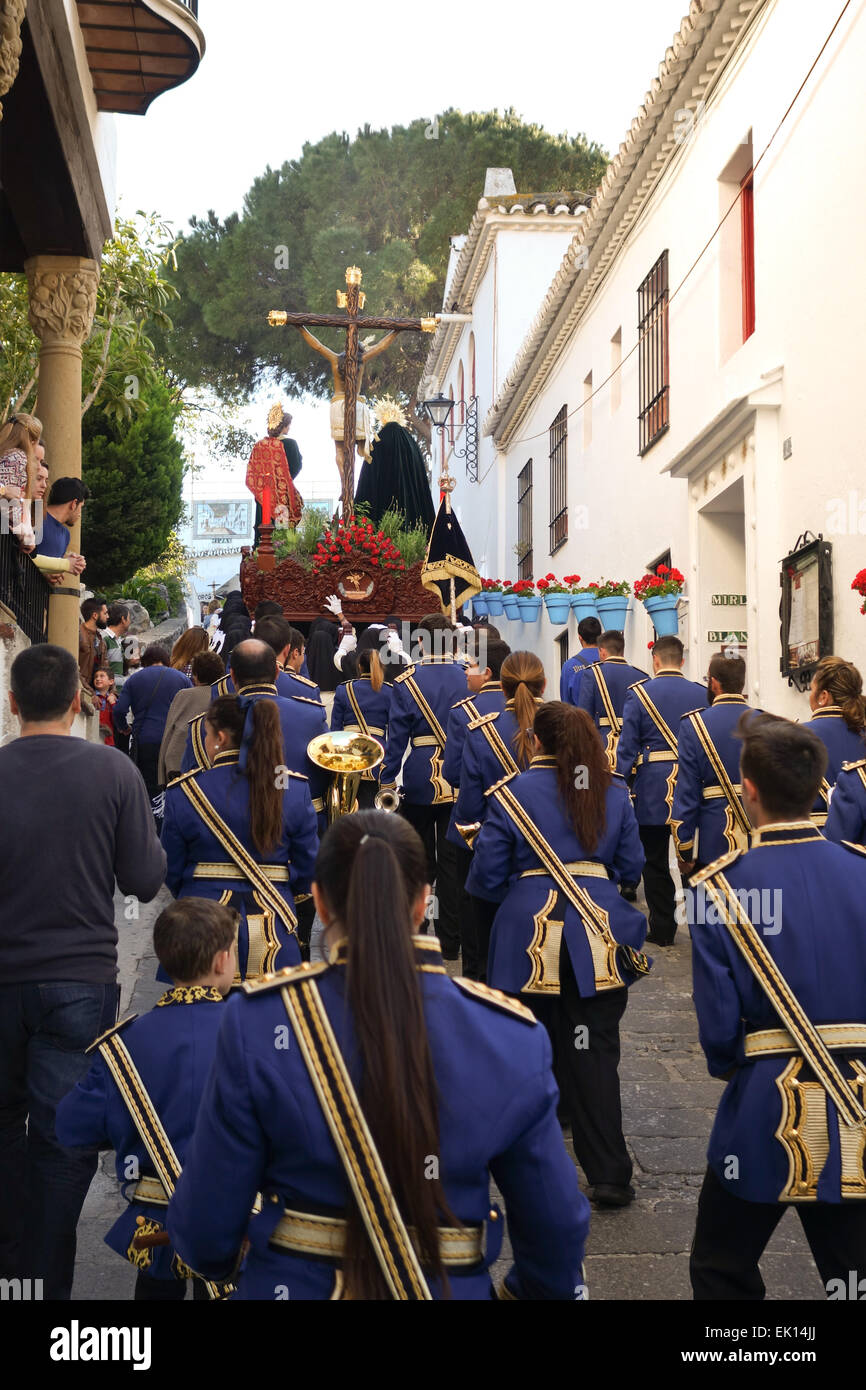 Marching band behind religious float during Procession, Holy week ...
