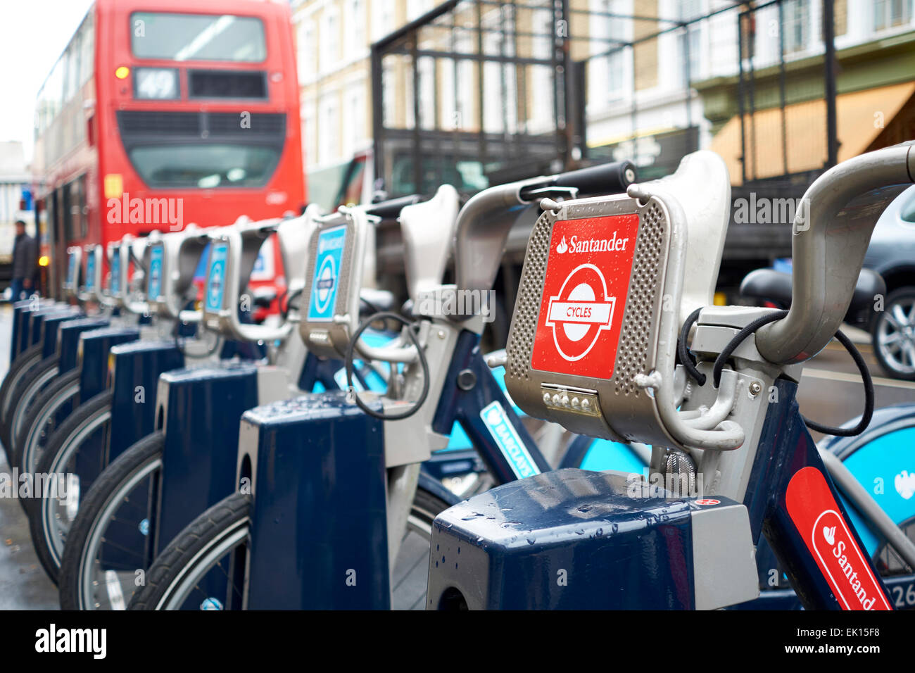LONDON, UK - APRIL 02: Detail of Boris bikes in line. April 02, 2015 in ...