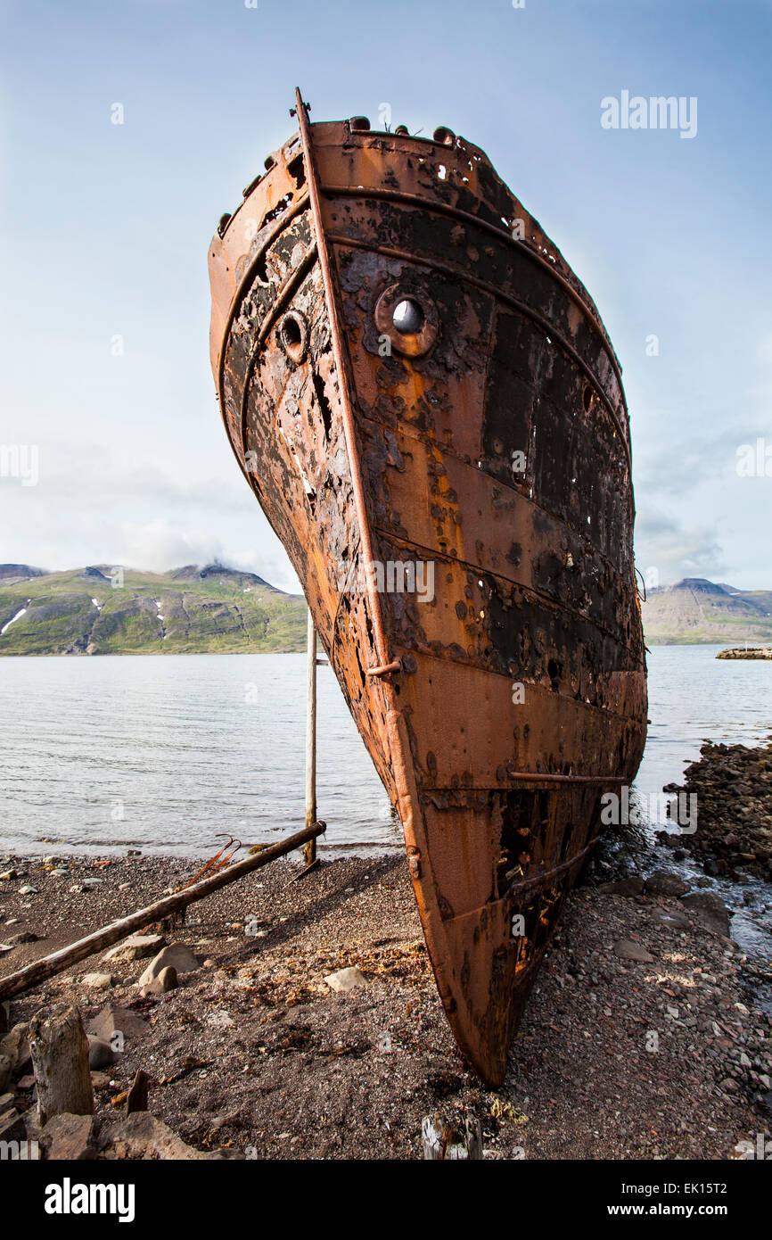 Old rusted ship at Djúpavík in the Westfjords of Iceland Stock Photo ...