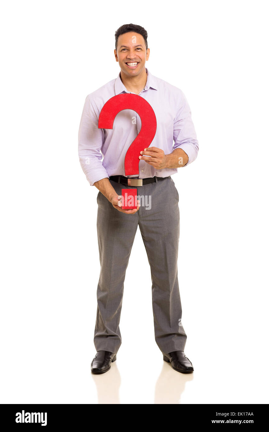 portrait of middle aged man holding question mark isolated on white ...
