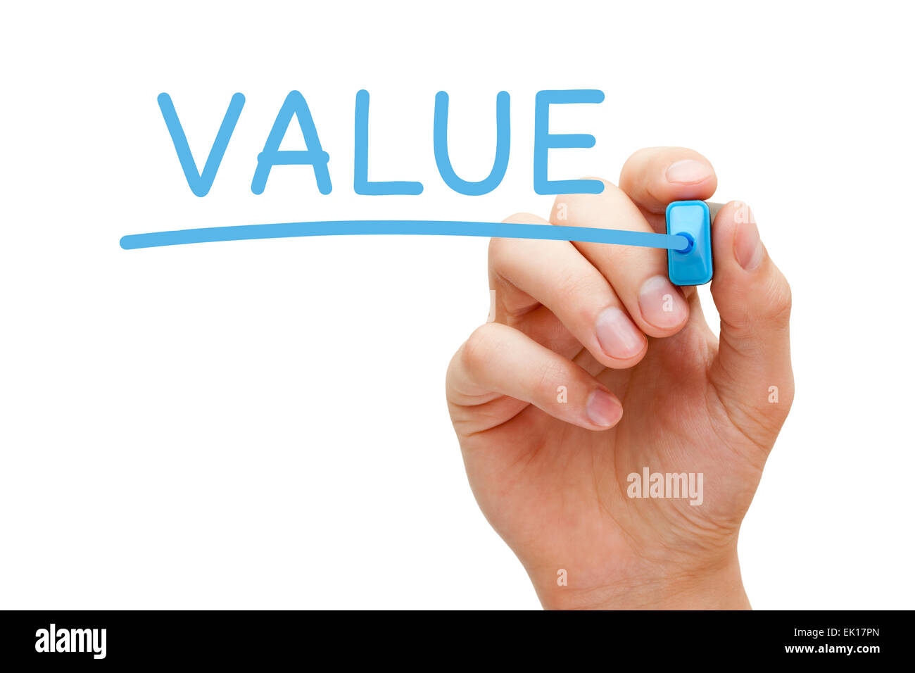 Hand writing Value with blue marker on transparent wipe board Stock ...