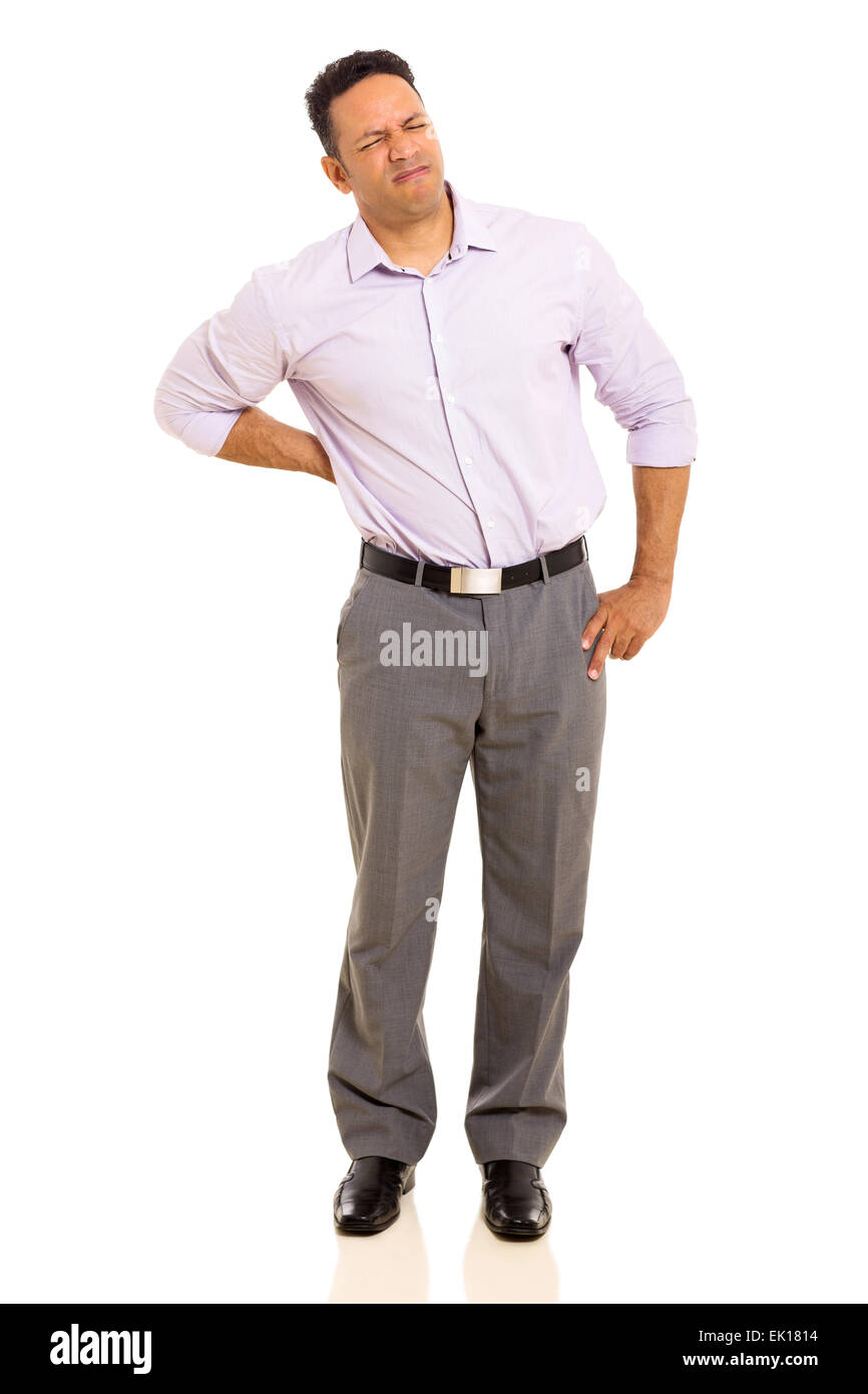 middle aged man having back pain isolated on white background Stock ...
