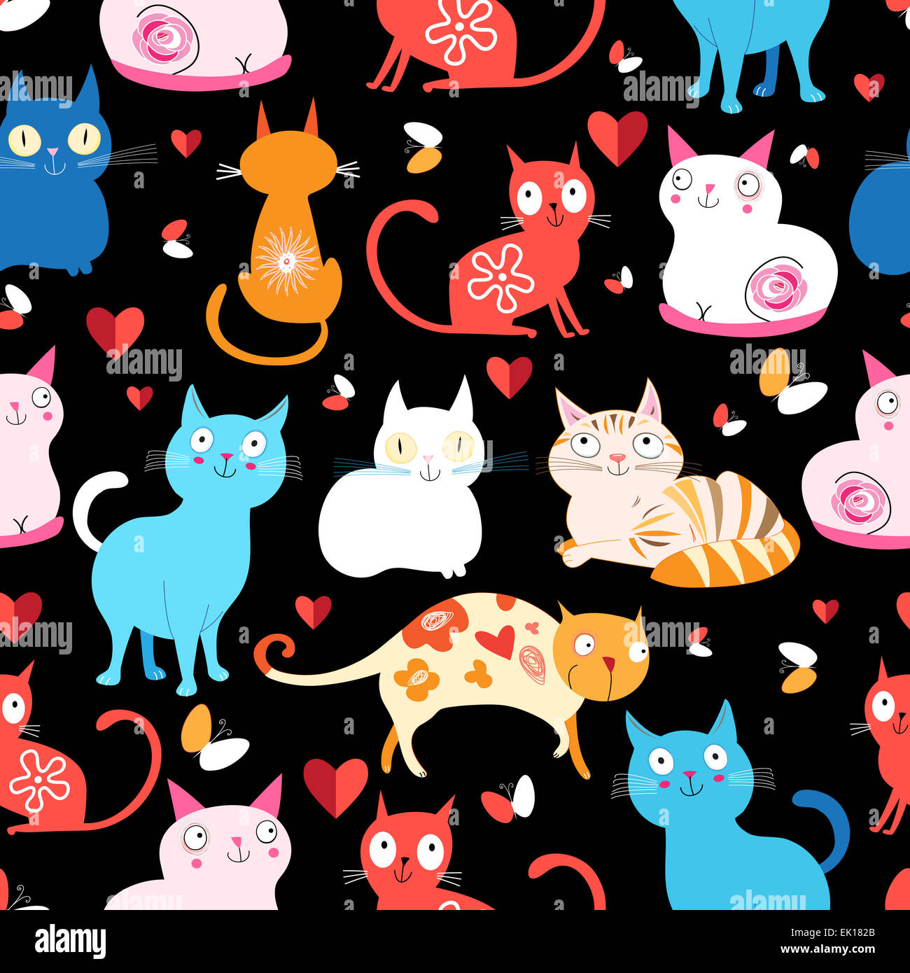 Bright seamless pattern of colored cats on a black background Stock ...