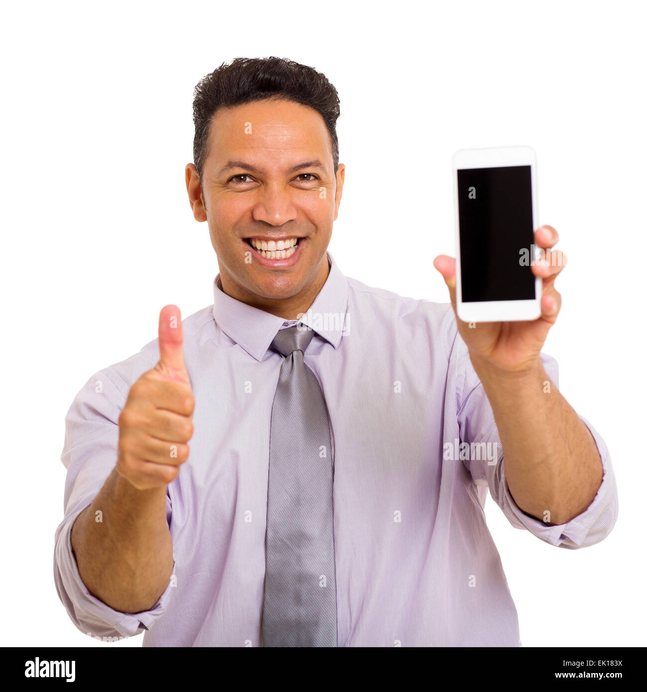 happy middle aged man holding cell phone and giving thumb up Stock ...