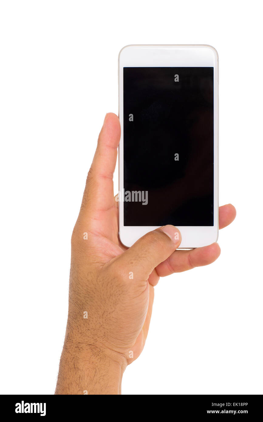 hand holding smart phone isolated on white Stock Photo - Alamy