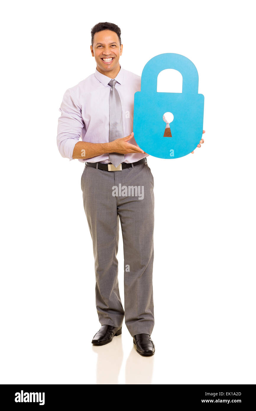 happy businessman holding lock symbol on white background Stock Photo ...