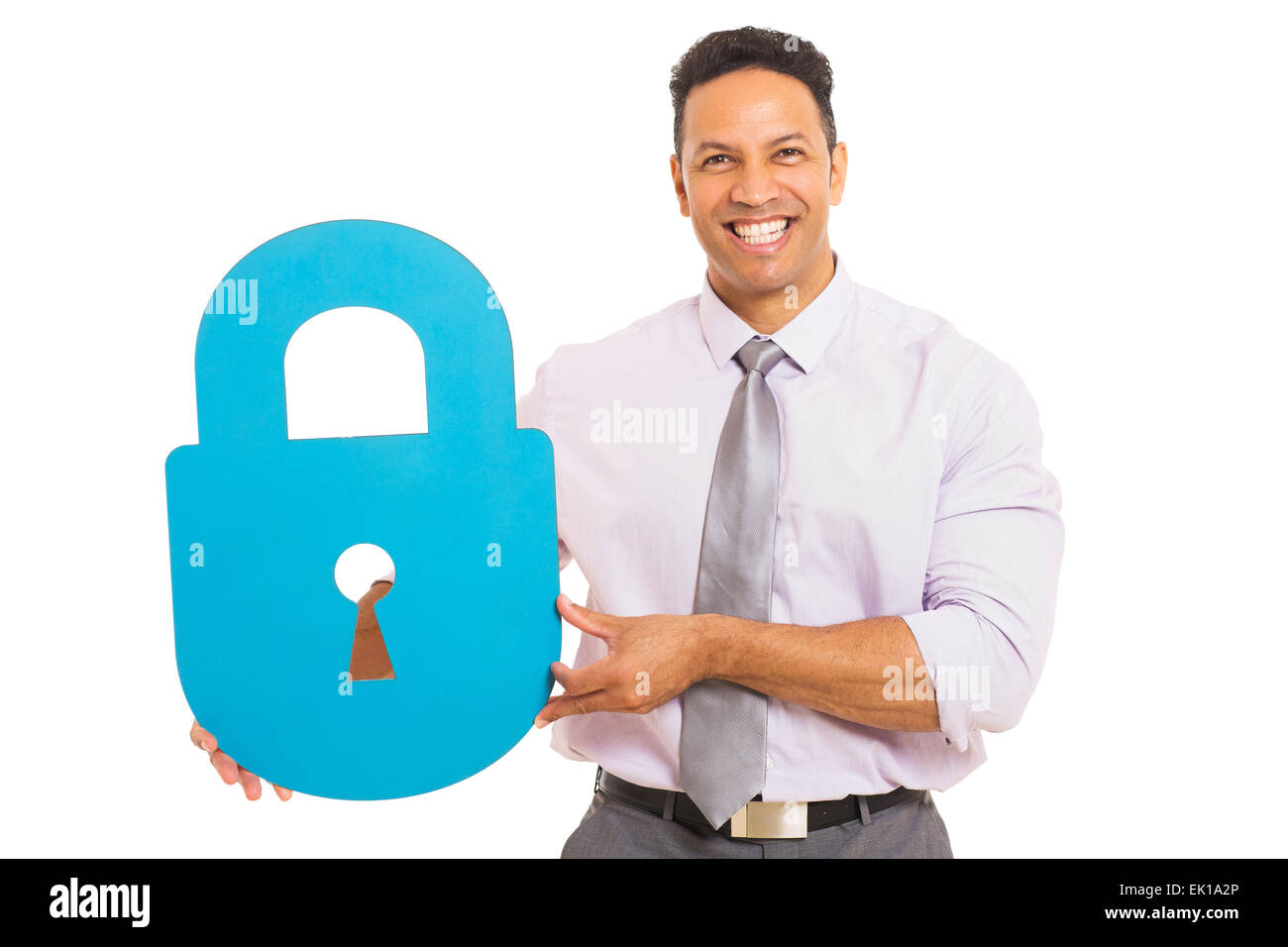 good looking middle aged man presenting padlock Stock Photo - Alamy