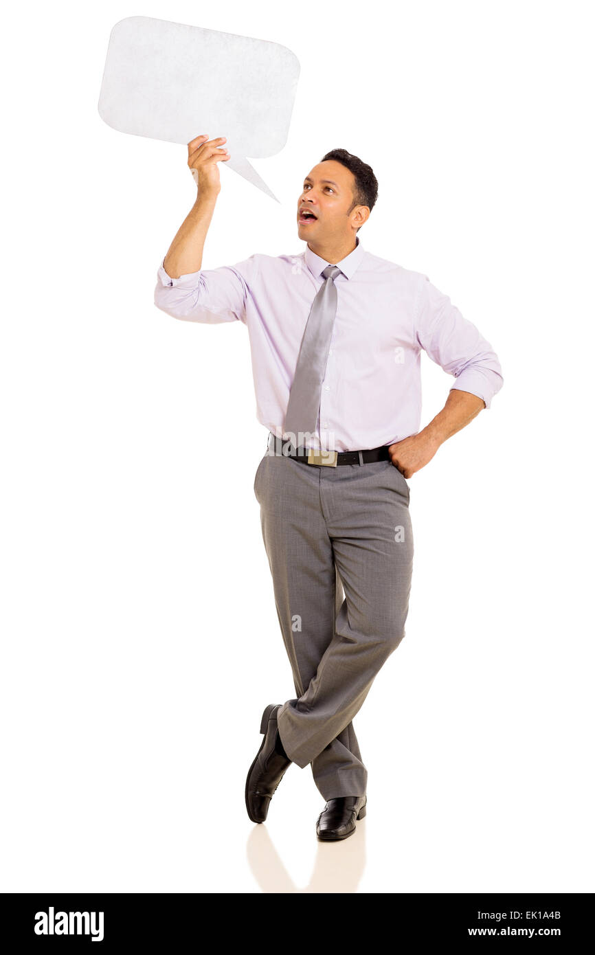 middle aged businessman talking in blank speech bubble isolated on ...