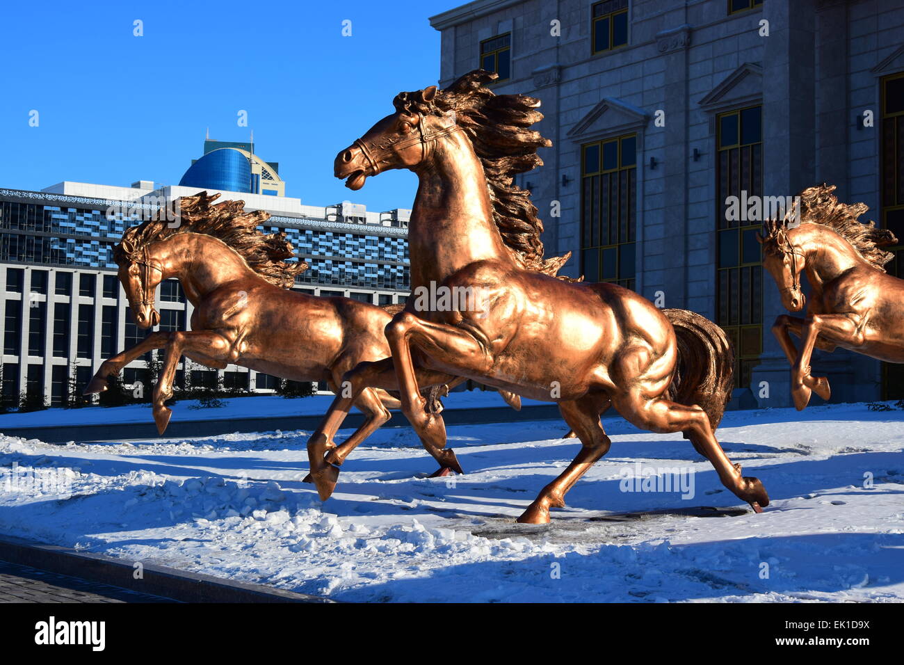 Bronze sculptures of running horses - near New Opera House in Astana ...