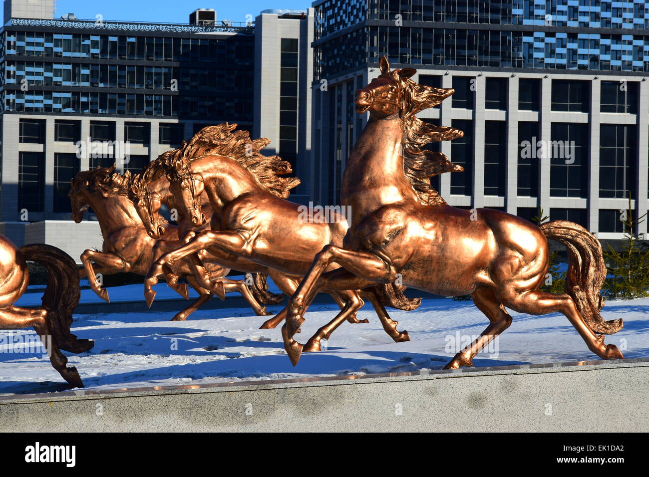 Bronze sculptures of running horses - near New Opera House in Astana ...