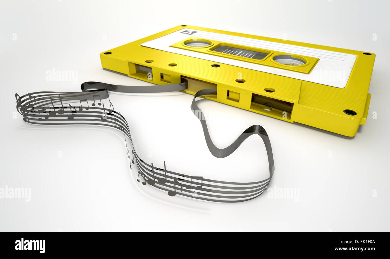 A concept view of a vintage audio cassette tape with a white label with ...