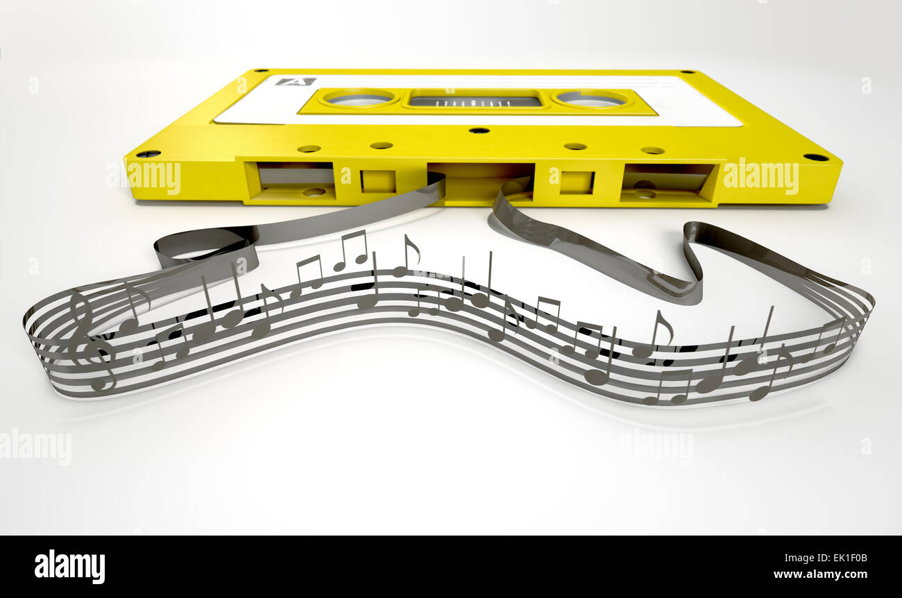 A concept view of a vintage audio cassette tape with a white label with ...