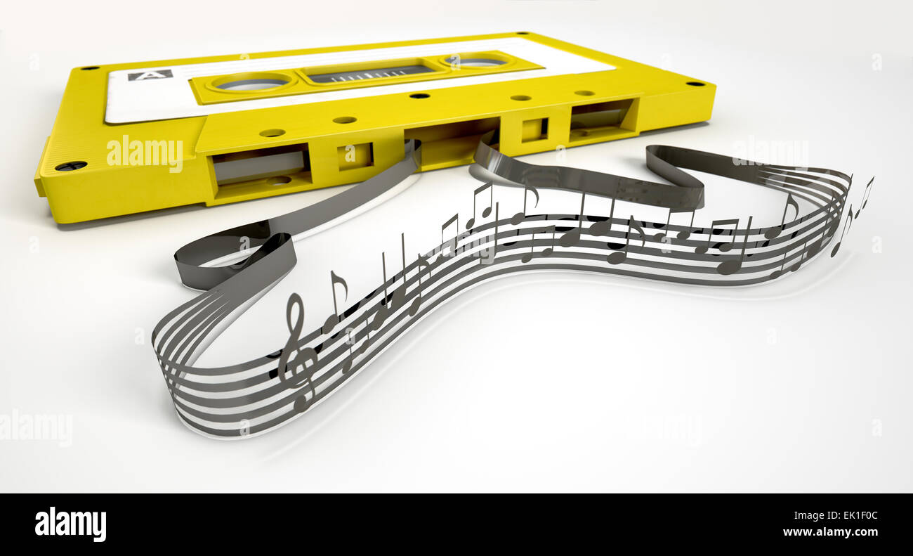 A concept view of a vintage audio cassette tape with a white label with ...