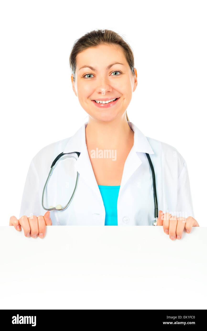 Portrait of a doctor with a large white poster for inscriptions Stock ...
