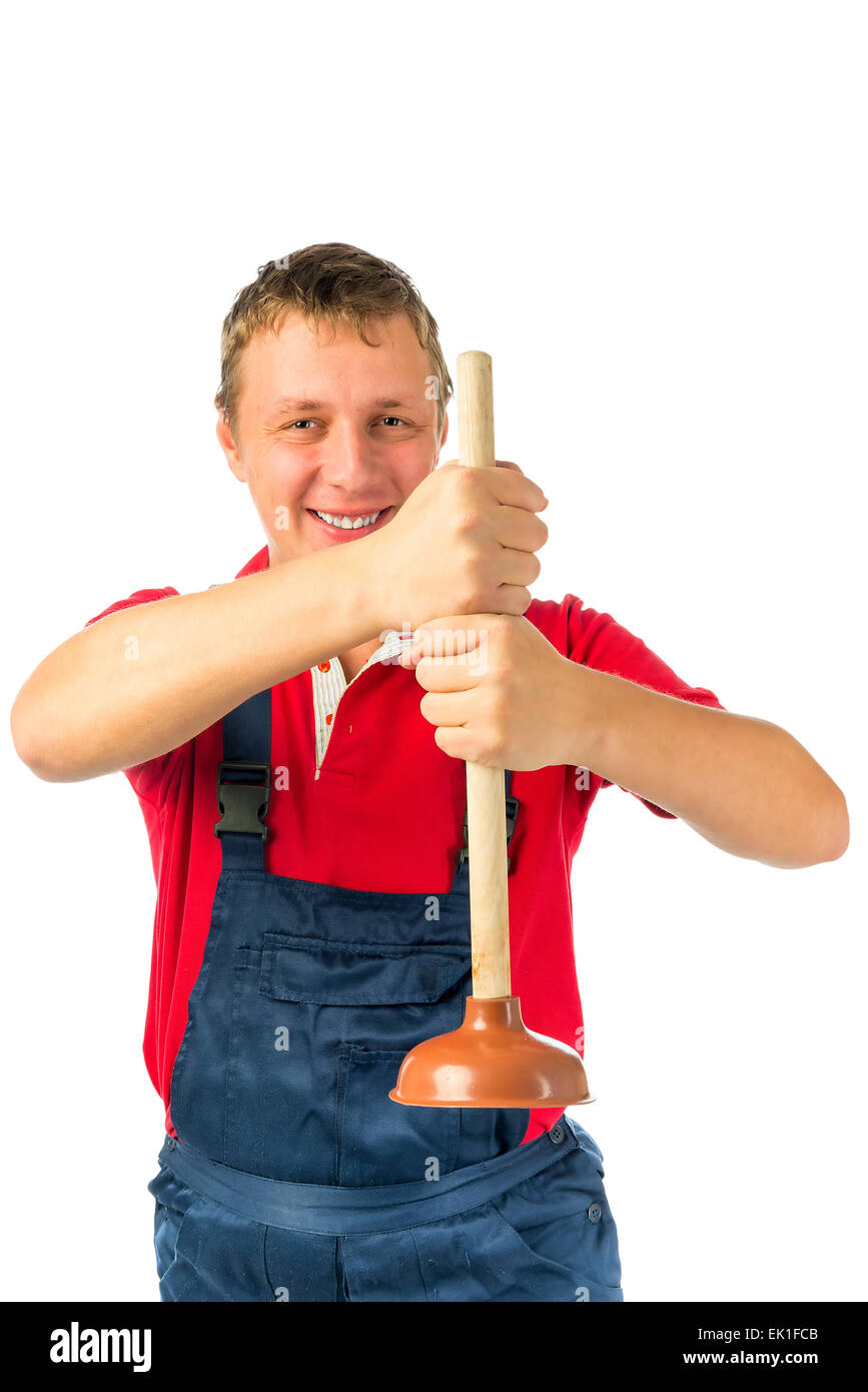 smiling plumber with plunger, studio shot Stock Photo - Alamy
