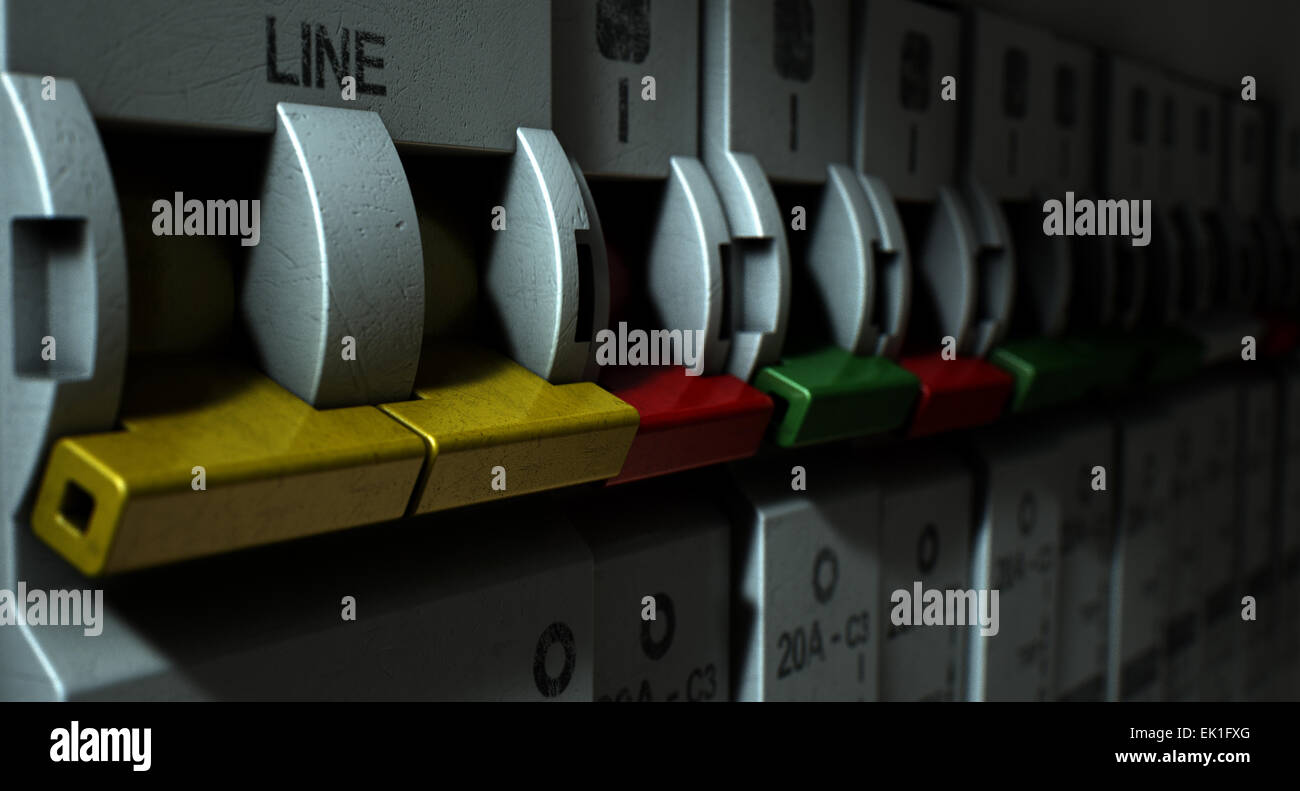 A row of switched off household electrical circuit breakers on a wall ...