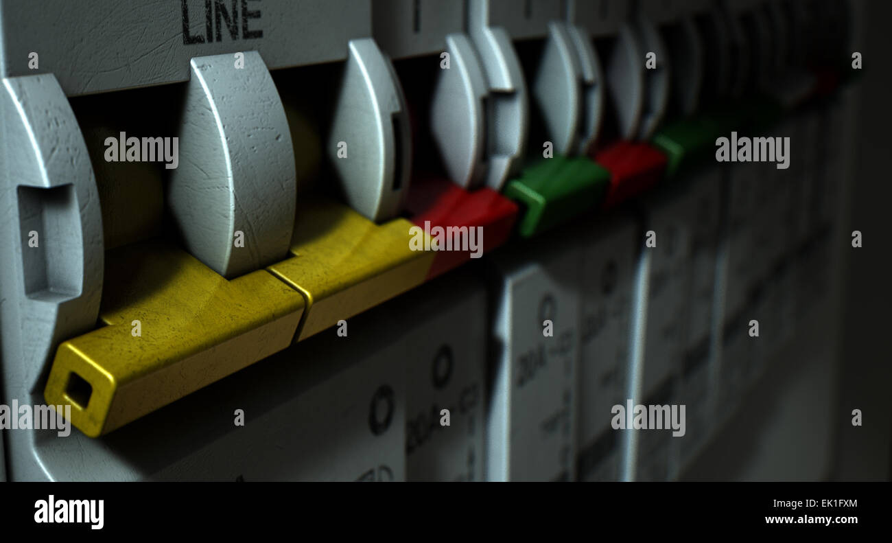 A row of switched off household electrical circuit breakers on a wall ...