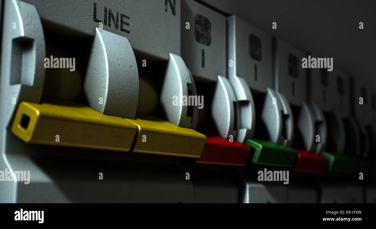 A row of switched off household electrical circuit breakers on a wall ...