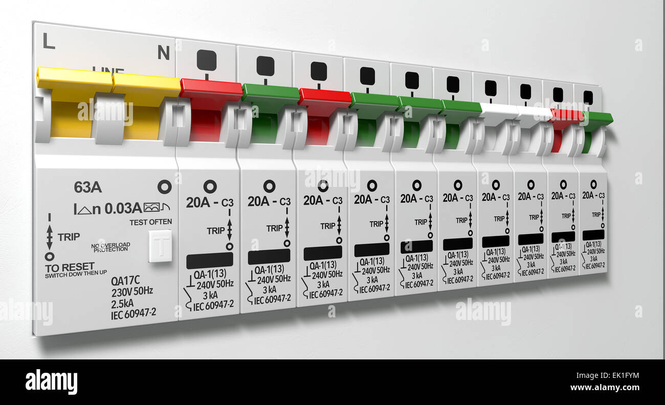 A row of switched on household electrical circuit breakers on a wall ...