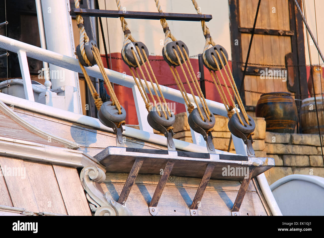 Blocks and ropes on the ancient sailboat Stock Photo - Alamy