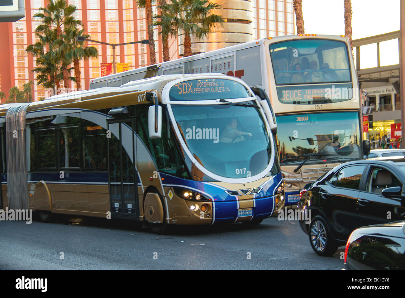 LAS VEGAS, NEVADA, USA - OCTOBER 25, 2013 : A regular and tourist buses ...