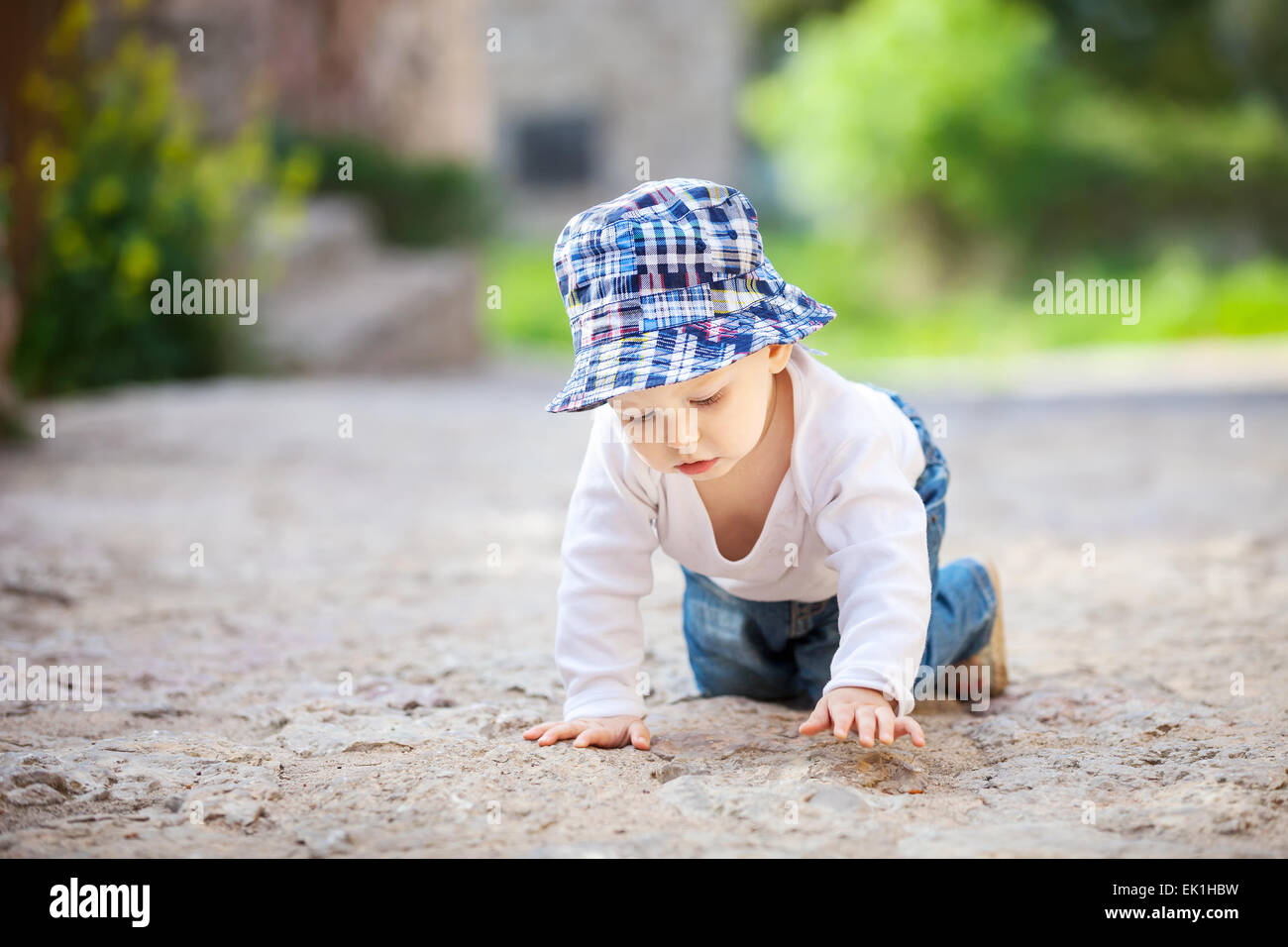 Cute little boy crawling on stone paved sidewalk Stock Photo - Alamy