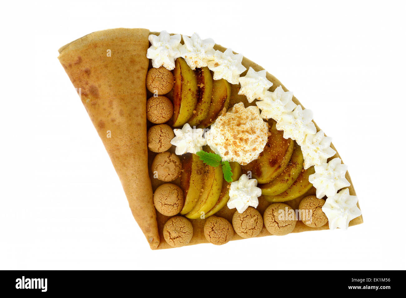 Crepe cone filled with caramelized apples, whipped cream and almond ...
