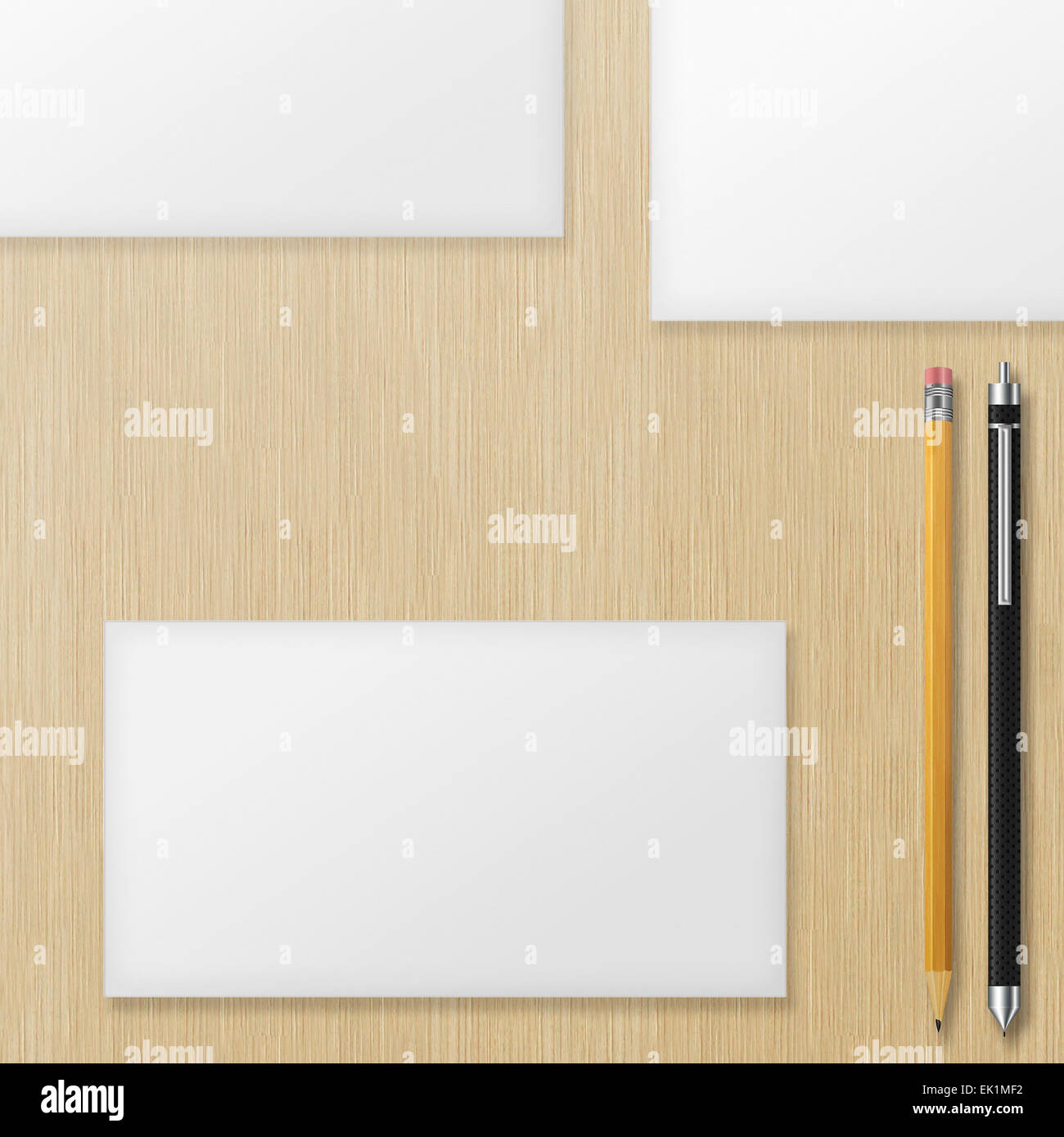 Set of blank envelopes with yellow pencil and pen on wooden background ...