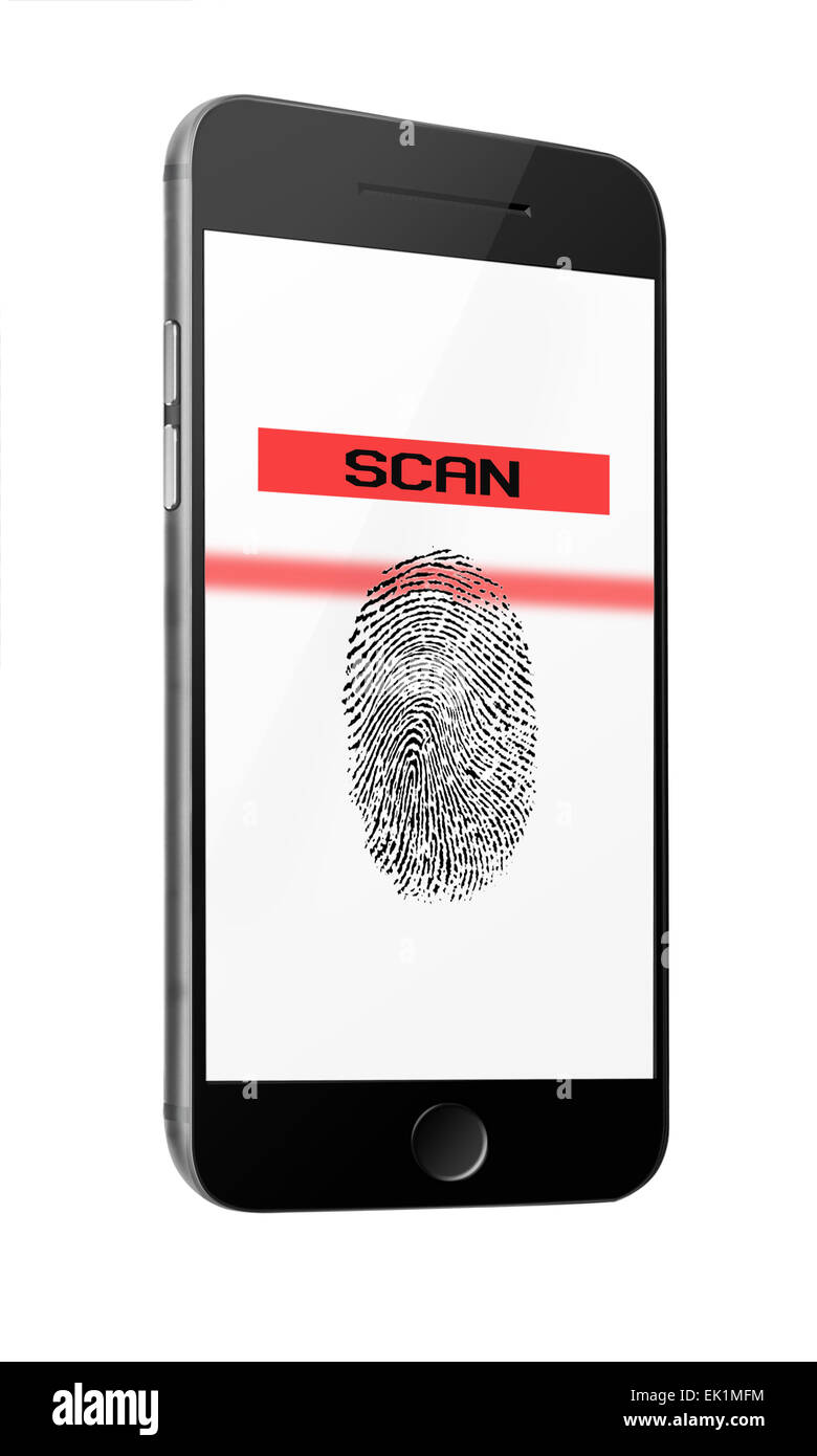 Mobile smart phone with fingerprint of thumb isolated on white ...