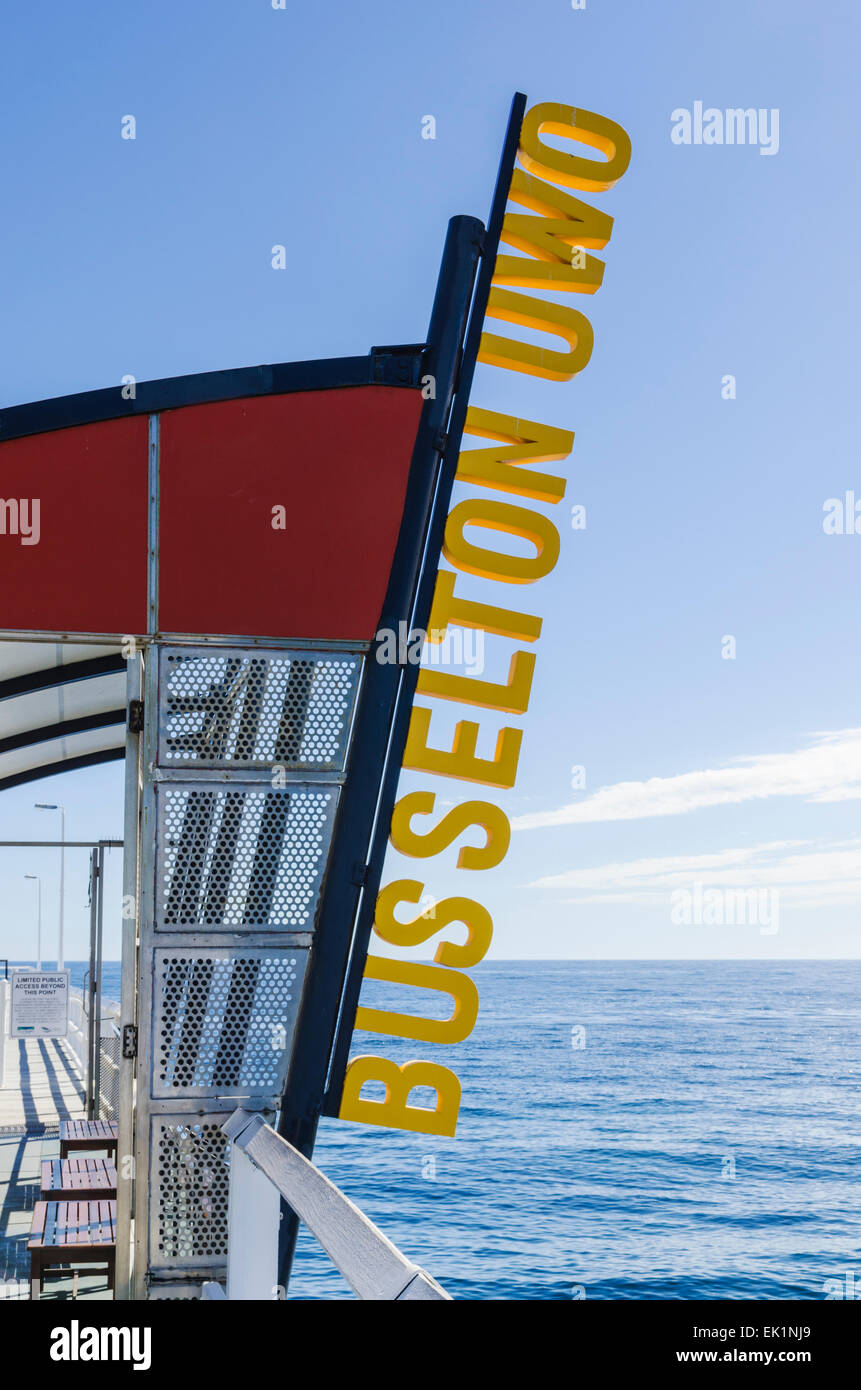 Busselton Jetty Underwater Observatory sign at the end of the long ...