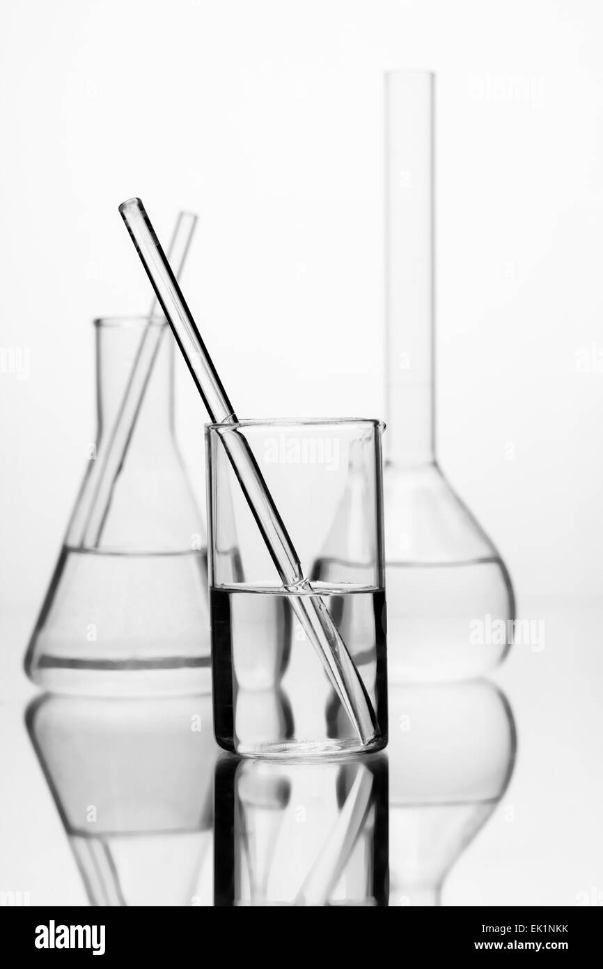 set of chemical glass bottle with reflection on white background Stock ...