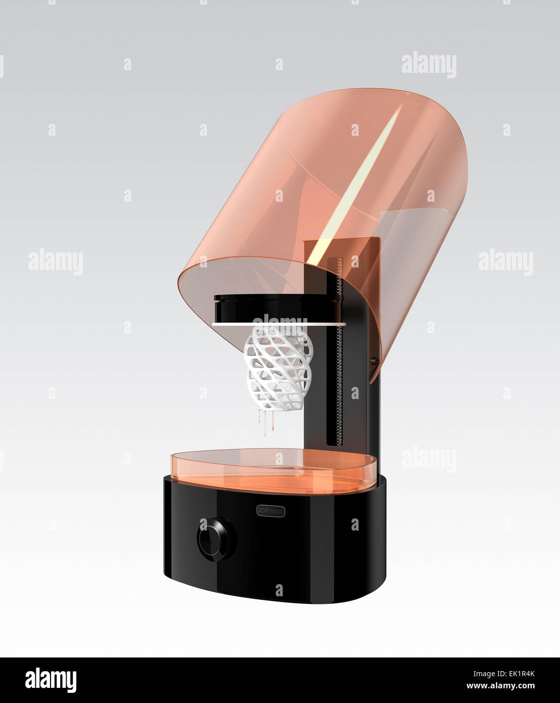 Opened SLA 3D printer with printed model on the stage. Clipping path ...