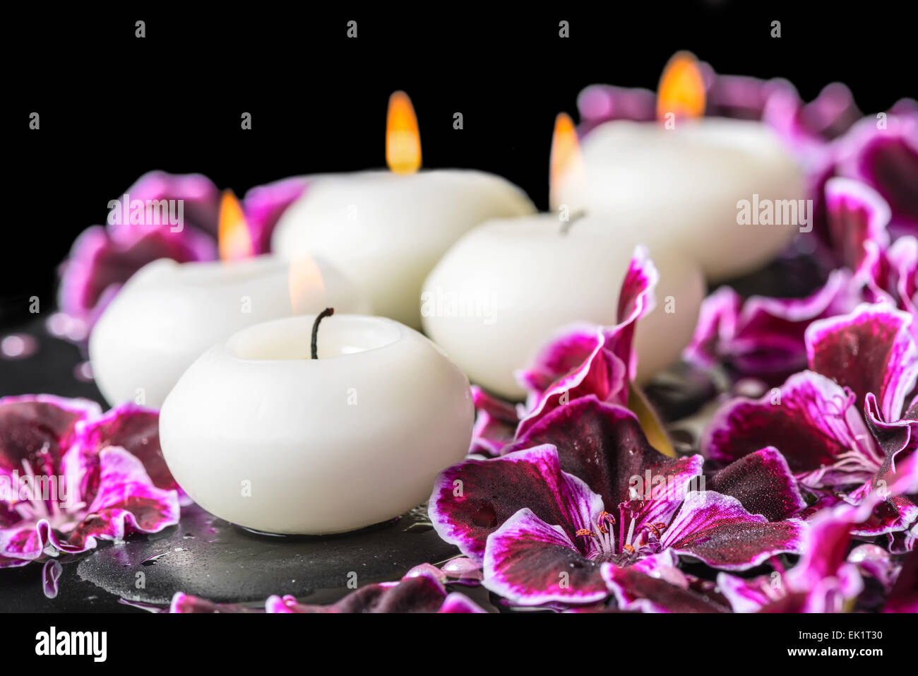 beautiful spa still life of blooming dark purple geranium flower, beads ...