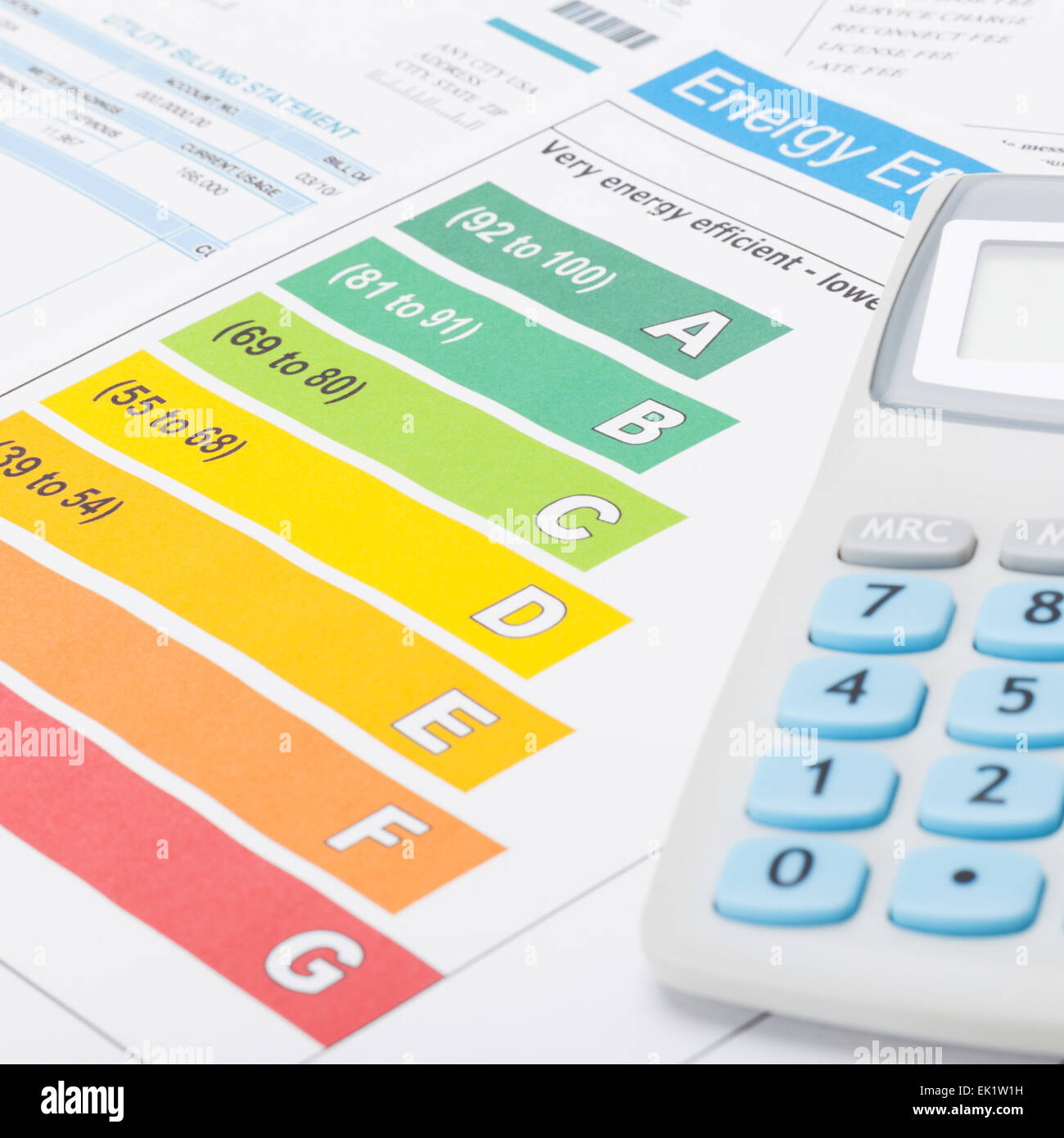 Energy efficiency chart and neat calculator - close up shot Stock Photo ...
