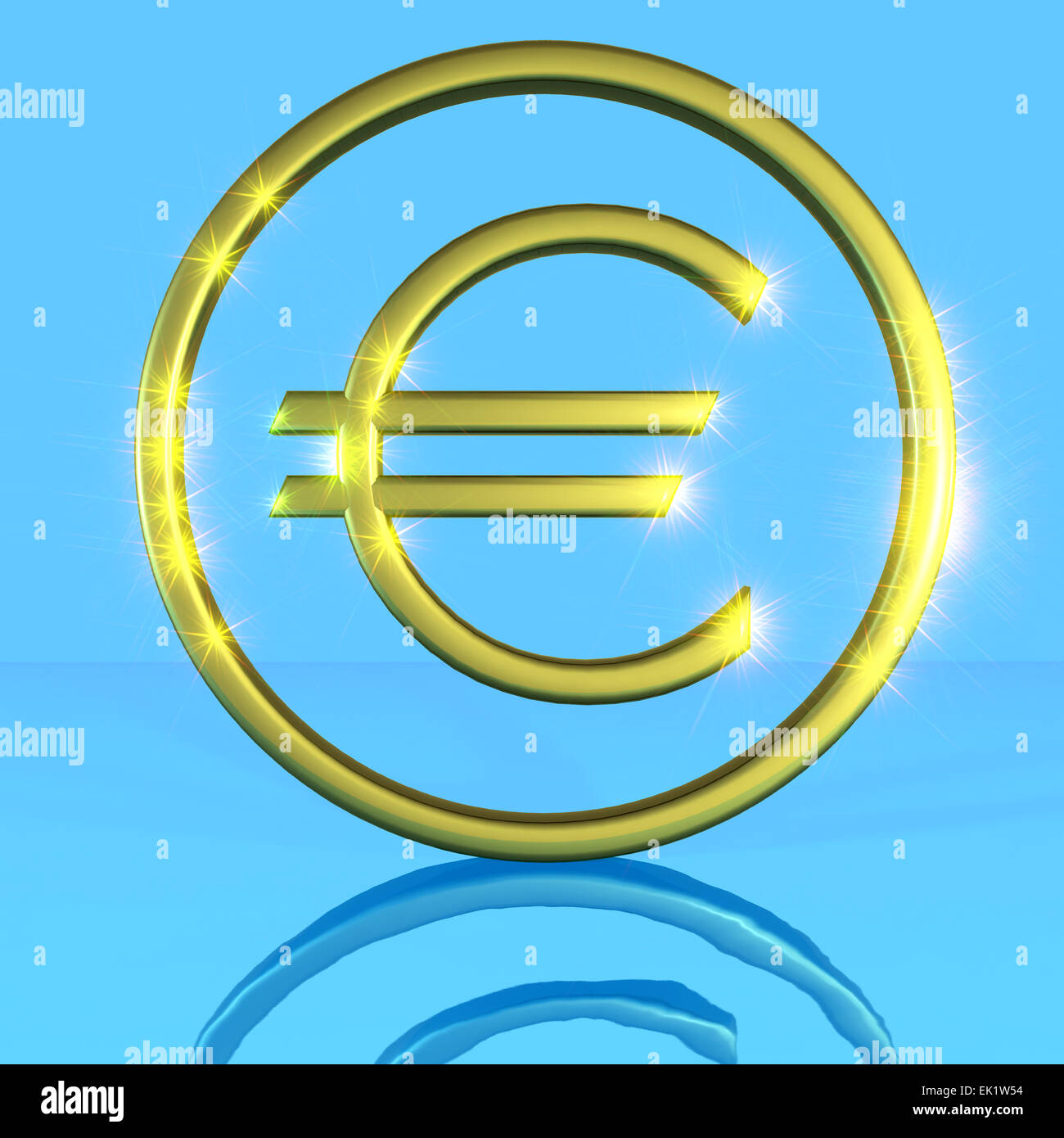 Golden shiny metallic euro symbol on a blue background with water ...