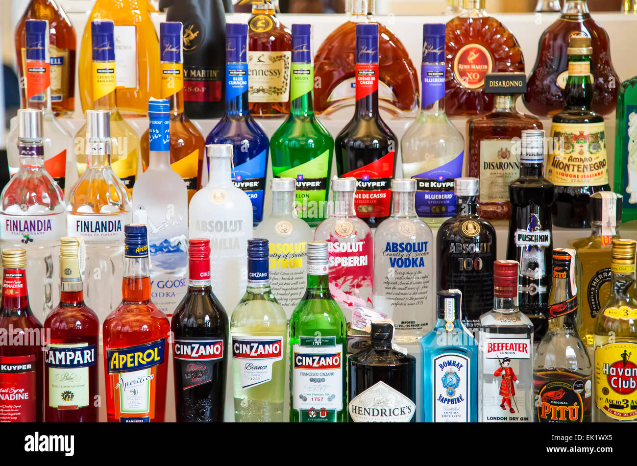 Various alcohol bottles in the bar Stock Photo - Alamy