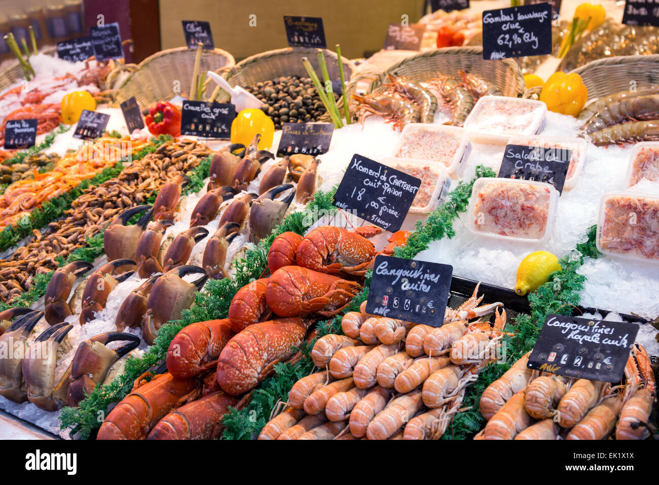 Seafood market stall at Trouville Sur Mer, Northern France, Europe ...