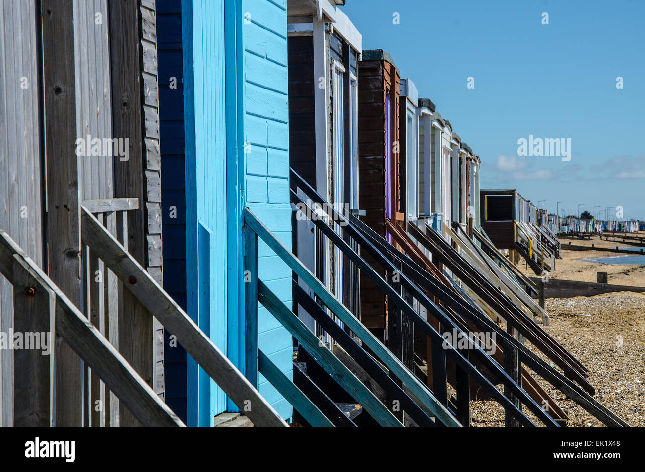 Row of coloured beach huts in Thorpe Bay, Southend on Sea, Essex, UK ...
