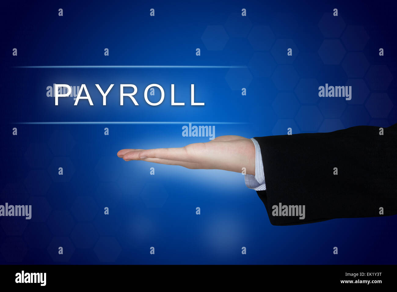 Payroll button with business hand on blue background Stock Photo - Alamy