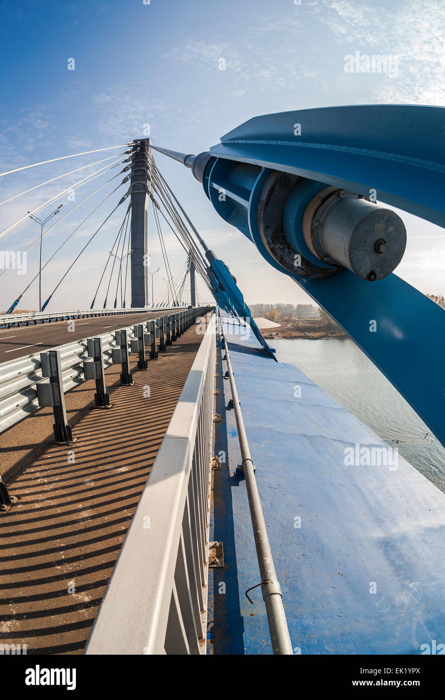 Cable bridge across the Samara river in Kirovsky district of Samara ...