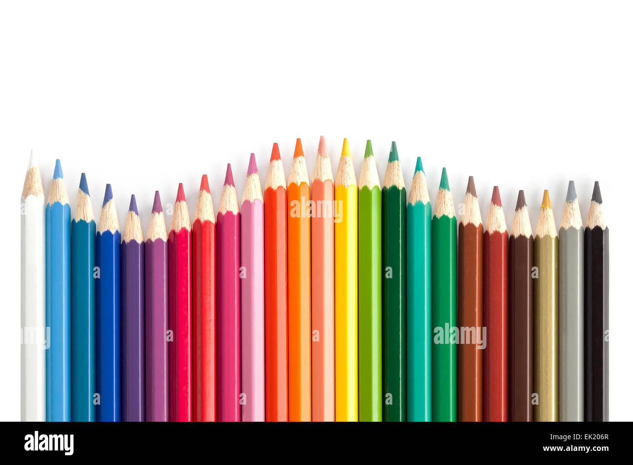 Color pencils in arrange in color wheel colors on white background ...