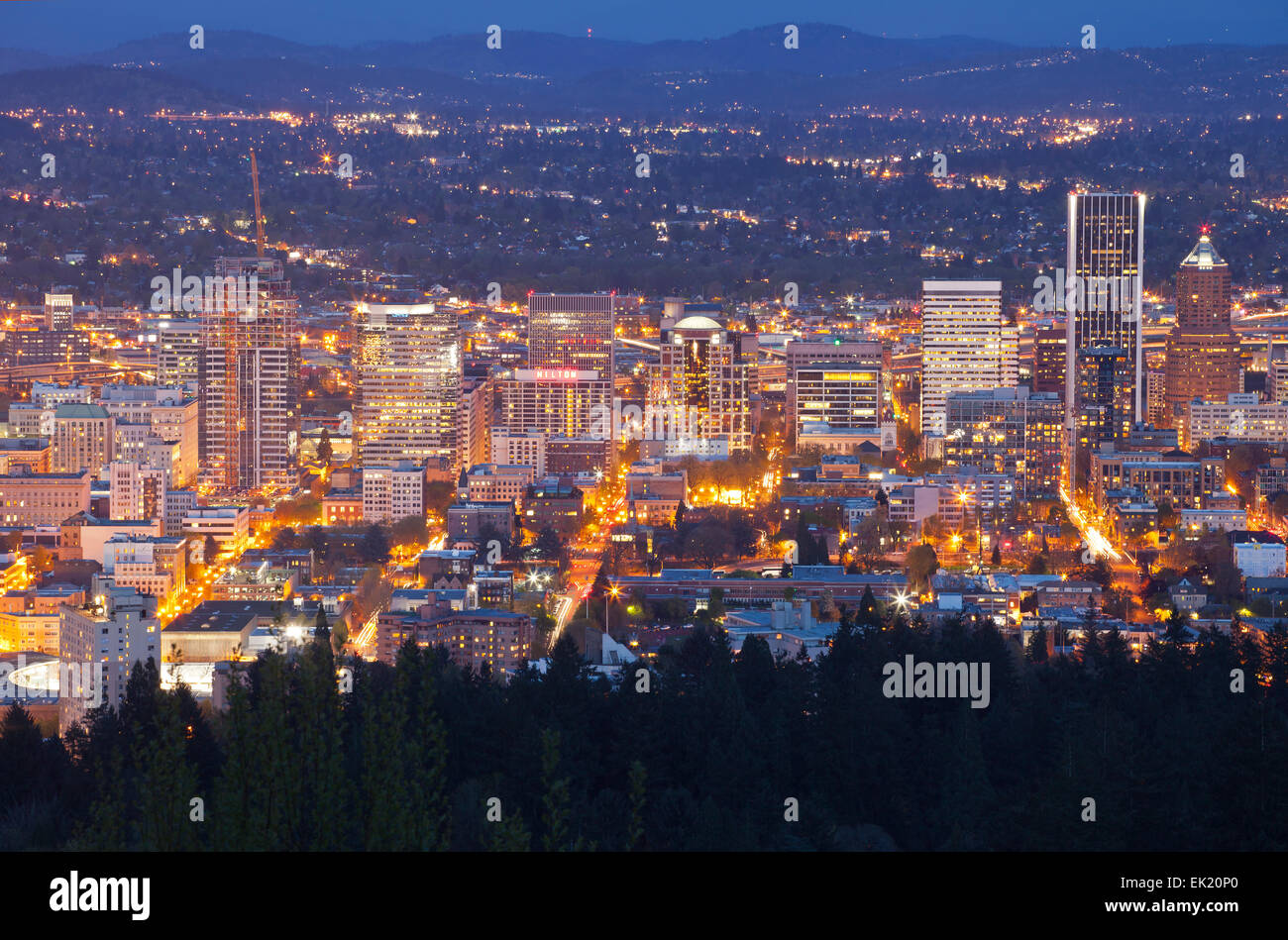 Downtown Portland Oregon city lights blue hour panorama Stock Photo - Alamy