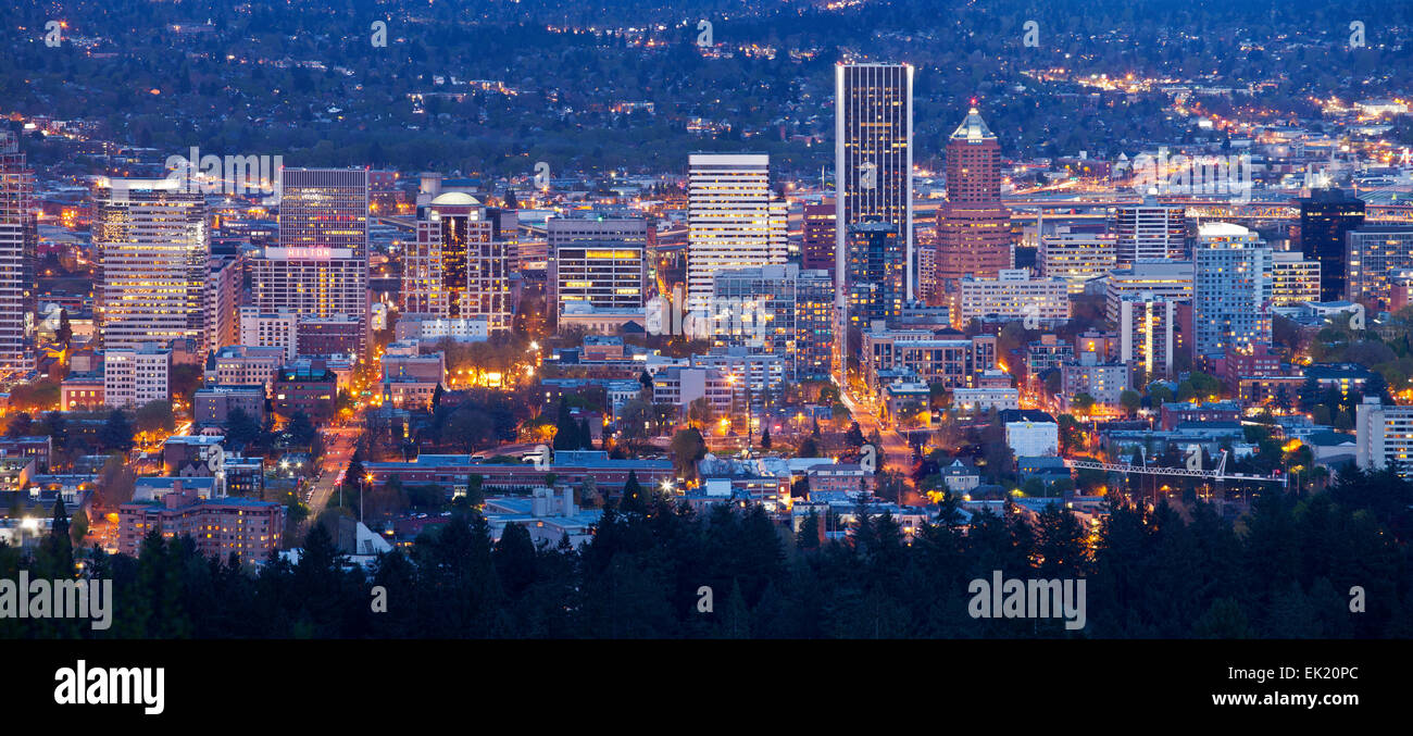 Downtown Portland Oregon city lights blue hour panorama Stock Photo - Alamy