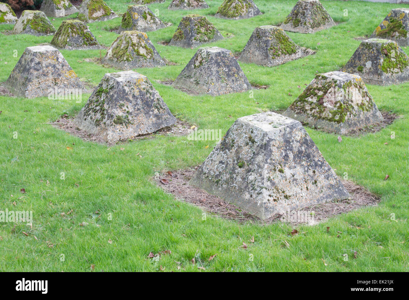 Pyramidal concrete formations, anti-tank obstacles from WWII. Rye, Kent ...