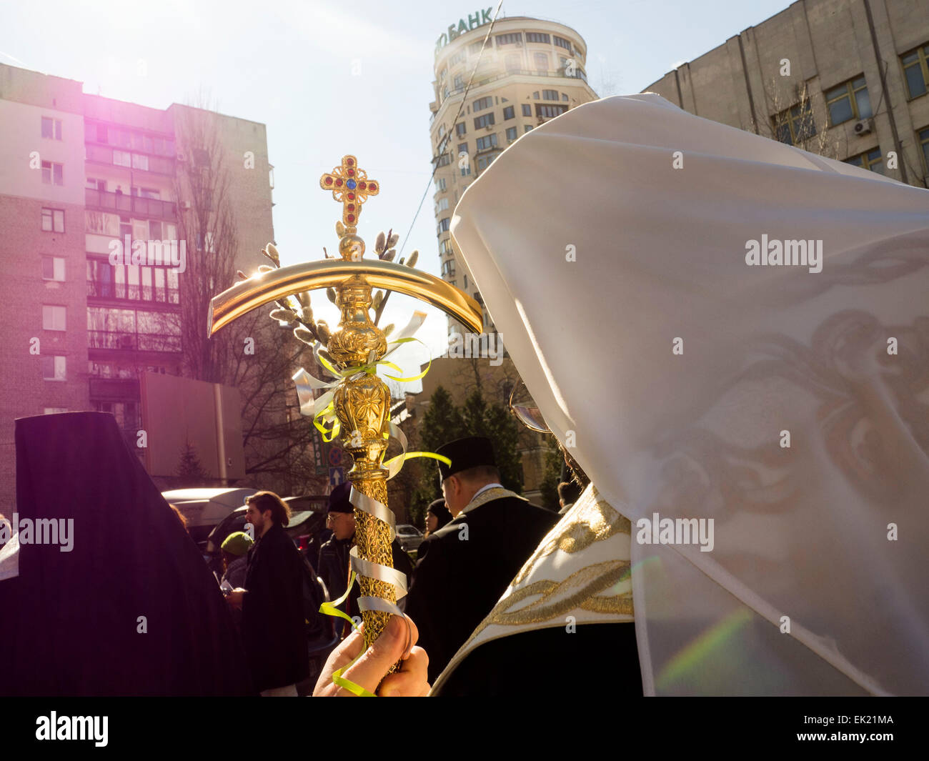 Kiev, Ukraine. 05th Apr, 2015. A priest with a stick in the head of the ...