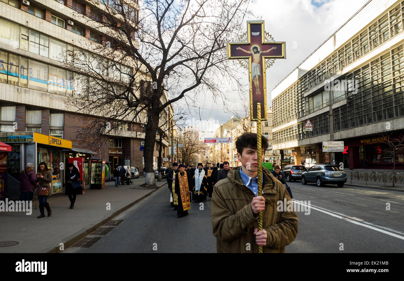 Kiev, Ukraine. 05th Apr, 2015. Religious procession in downtown. -- On ...