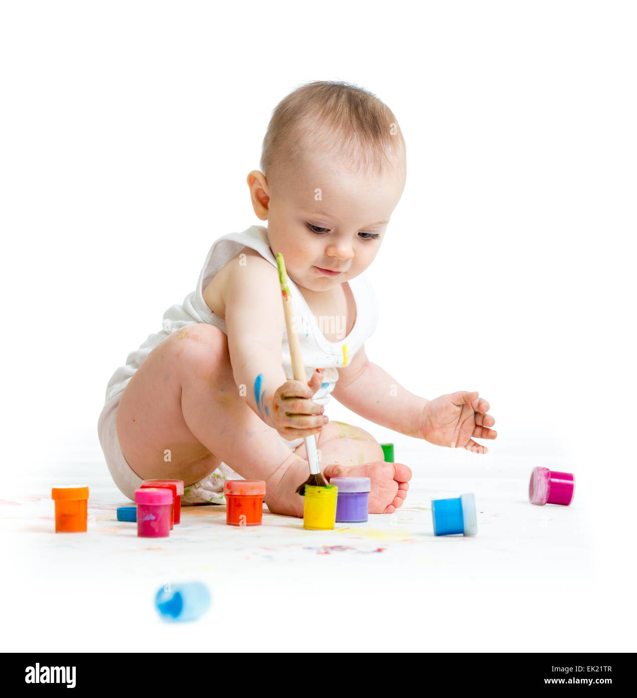 baby painting by paintbrush - on white background Stock Photo - Alamy